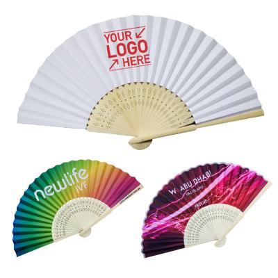 China Custom DIY Logo Fan Wedding Hand Fan 21cm Small Silk Fabric/Paper Folding Bamboo Fan on Both Sides for Advertisement for sale