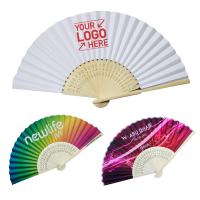 China Custom DIY Logo Fan Wedding Hand Fan 21cm Small Silk Fabric/Paper Folding Bamboo Fan on Both Sides for Advertisement for sale