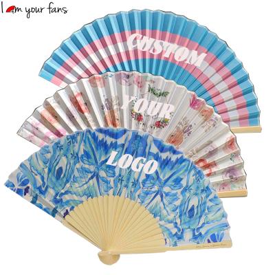China 21cm Small Silk Fabric/Paper Folding Bamboo Fan with Carved Technique Custom DIY Logo Wedding Hand Fan for Advertisement for sale