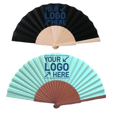 China Factory Custom Fan Natural Wood Bone Hand Fan Wood Fabric Folding Fans for sale
