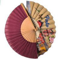 China Promotion 6.5CM Fabric Hand Fan Wood  Folding Fans Custom Fabric Fan for sale