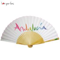 China Free Design Printing Promotional Polyester Cotton Wood Fans Spanish Handheld Fan Customize for sale