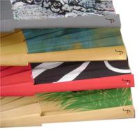 China Free Design Printing Promotional Polyester Cotton Wood Fans Spanish Handheld Fan Customize for sale