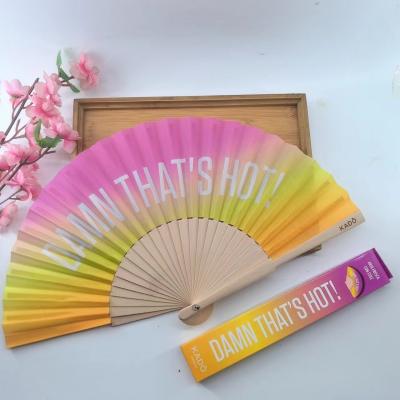 China Luxury Best Sell Customize Design 23cm Handmade Craft Gift Folding Wooden Handle Fan Ladies' Fan Polyester Fabric for sale
