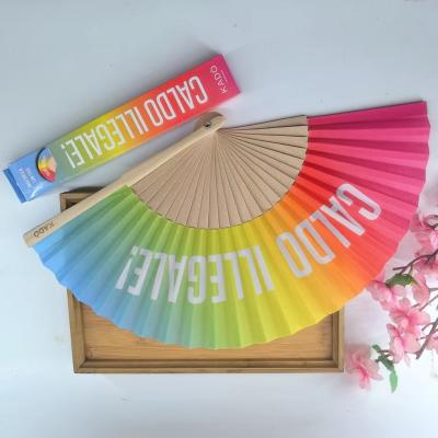 China Custom Wood Gold Hand Held Fan 23Cm Wedding Wood Hand Fan With Writing Text on Rib Hand Held Personalized Engraved Cloth Fan for sale