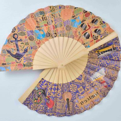 China New Arrival Custom Printed Spanish Folding Hand Fan Cork Wooden Fan Hand Held Fan for sale