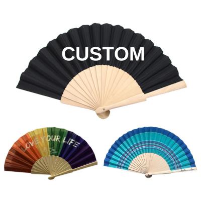 China 23cm Linen Wood Fan Natural Folding Fan in Stock Fabric Folding Wood Hand Fan for Weeding and Party for sale