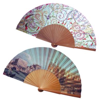 China Wholesale Custom Pattern Portuguese Cork Fabric Wooden Ribs Folding Hand Fan for sale