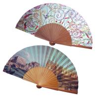 China Wholesale Custom Pattern Portuguese Cork Fabric Wooden Ribs Folding Hand Fan for sale