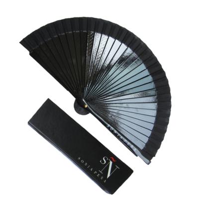 China Custom Bamboo Wooden Folding Clack Hand Fan Foldable Wedding Held Wooden Folding Hand Fan With Pouch for sale
