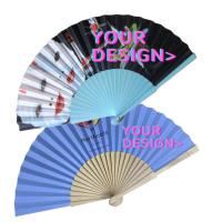China Custom Printed Folding Fan Foldable Wood Fabric Hand Fan for sale