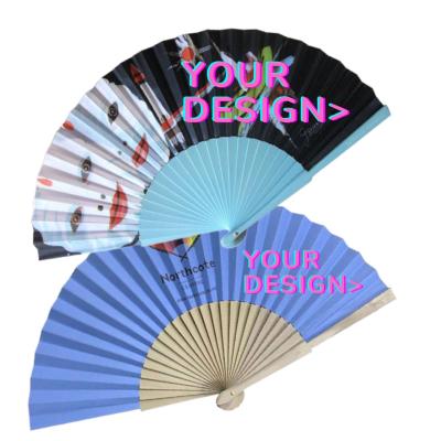 China Custom Printed Folding Fan Foldable Wood Fabric Hand Fan for sale