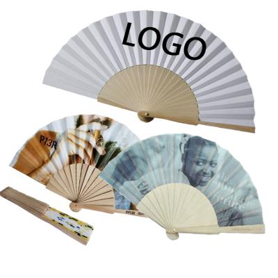 China Custom Logo Print Paper Surface Handmade Business Gift 23cm Folding Wooden Hand Fan for sale