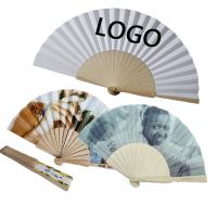 China Custom Logo Print Paper Surface Handmade Business Gift 23cm Folding Wooden Hand Fan for sale