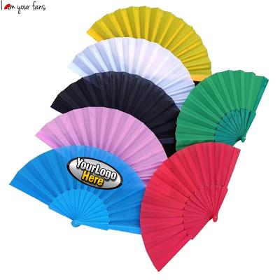 China Custom Logo Plastic Printing Custom Hand Fan Promotional Plastic Skeleton Folding Fabric Hand Fan for Advertisement for sale