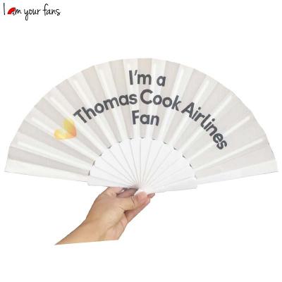 China Customized Logo Print Plastic Crafts Hand Fan Waterproof Fabric Plastic Fan for sale