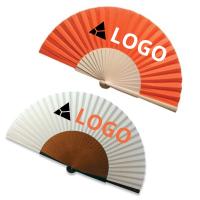 China Promotional Fan Spanish Handle Plastic Wedding Favor Gifts PE Love Folk Art Mini Fan Box Plastic Customized Logo Color Box 23cm for sale