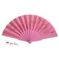 China Promotional Fan Spanish Handle Plastic Wedding Favor Gifts PE Love Folk Art Mini Fan Box Plastic Customized Logo Color Box 23cm for sale