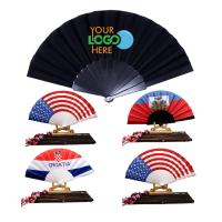 China Promotional Fan Spanish Handle Plastic Wedding Favor Gifts PE Love Folk Art Mini Fan Box Plastic Customized Logo Color Box 23cm for sale