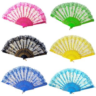 China Spanish Translucent Lace Rose Fan Gilded Wing Chun Dance Fan European Style Fabric Silk Folding Hand Fan for sale