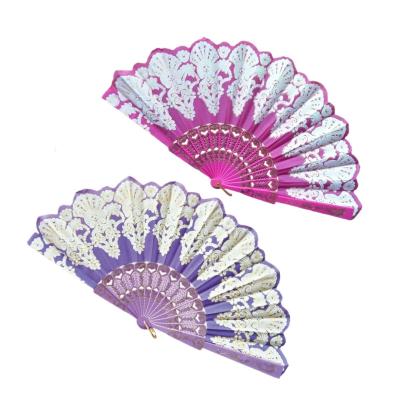 China Good Quality Flower Lace Silk Dance Party Stage Performance Decoration Hot Stamping Plastic Hand Held Folding Fan for sale