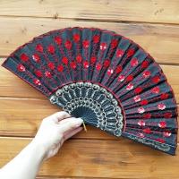 China [I AM YOUR FANS] Embroidery Sequin Hand Fan Classic Plastic Frame Fabric Dancing Hand Fan for Holiday Events Wedding for sale