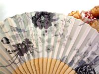 China Custom Personalized 21cm Japanese Satin Fabric Bamboo Gold Flower Hand Folding Fan for Promotion Gift for sale