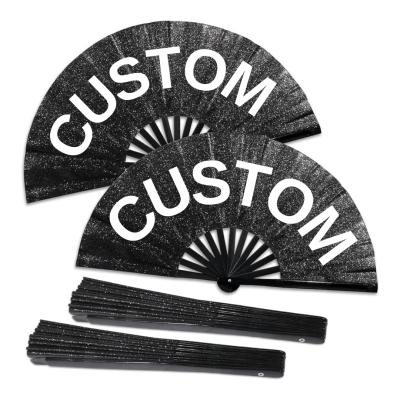 China [I AM YOUR FANS] Personalized Decoration Black Large Fabric Printed Foldable Bamboo Hand Fan for sale