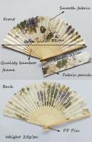 China 21cm Japanese Bamboo Satin Fabric Fans With Gift Pouch Wedding Favor Custom Printed Folding Fan for sale