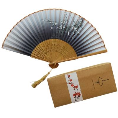 China [I AM YOUR FANS] Traditional High Quality Fabric Polyester Hand Fan With Craft Paper Box for sale