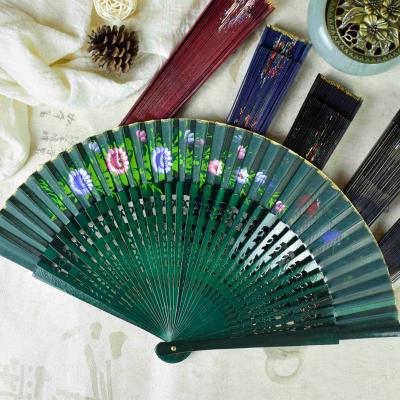 China Custom Hollow Design Wedding Hand Held Fan Lace Folding Fans Hand Painted Spanish Wood Fan for sale
