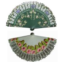 China Round Head Flower Shape Carving Design Wood Hand Held Fan Hand Painted Spanish Fan for sale