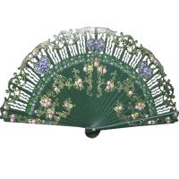 China Round Head Flower Shape Carving Design Wood Hand Held Fan Hand Painted Spanish Fan for sale
