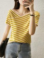 China Fashion Striped Knitted Tshirt V Neck Casual Tee Shirt for Women's Occasion for sale
