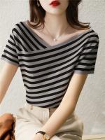 China Fashion Striped Knitted Tshirt V Neck Casual Tee Shirt for Women's Occasion for sale