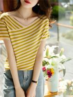 China Fashion Striped Knitted Tshirt V Neck Casual Tee Shirt for Women's Occasion for sale