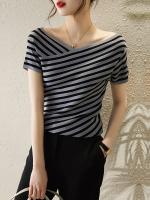 China Fashion Striped Knitted Tshirt V Neck Casual Tee Shirt for Women's Occasion for sale