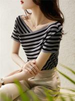 China Fashion Striped Knitted Tshirt V Neck Casual Tee Shirt for Women's Occasion for sale