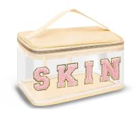 China Chenille embroidery alphabet makeup bag Transparent waterproof PVC portable storage bag for sale