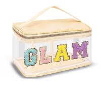 China Chenille embroidery alphabet makeup bag Transparent waterproof PVC portable storage bag for sale