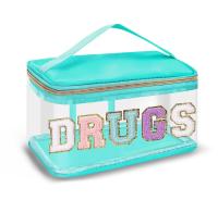 China Chenille embroidery alphabet makeup bag Transparent waterproof PVC portable storage bag for sale