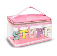 China Chenille embroidery alphabet makeup bag Transparent waterproof PVC portable storage bag for sale