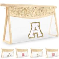 China Straw woven clear Chenille Alphabet Makeup Bag Portable zipper waterproof PVC portable travel toiletry bag for sale