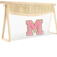 China Straw woven clear Chenille Alphabet Makeup Bag Portable zipper waterproof PVC portable travel toiletry bag for sale