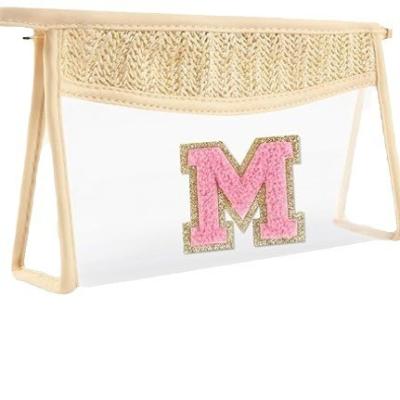 China Straw woven clear Chenille Alphabet Makeup Bag Portable zipper waterproof PVC portable travel toiletry bag for sale
