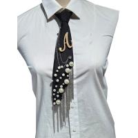 China Wholesale Letter A Pearl Brooch Necktie Handmade Faux Pearl Alphabet Pin with Iron Chain Tassel Decorative Polyester Tie for Women (Black) for sale