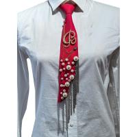 China Wholesale Letter B Pearl Brooch Necktie Handmade Faux Pearl Alphabet Pin with Iron Chain Tassel Decorative Polyester Tie for Women (Red) for sale