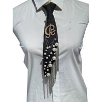 China Wholesale Letter B Pearl Brooch Necktie Handmade Faux Pearl Alphabet Pin with Iron Chain Tassel Decorative Polyester Tie for Women (Black) for sale