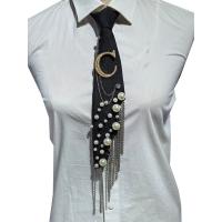 China Wholesale Letter C Pearl Brooch Necktie Handmade Faux Pearl Alphabet Pin with Iron Chain Tassel Decorative Polyester Tie for Women (Black) for sale