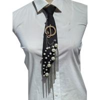 China Wholesale Letter D Pearl Brooch Necktie Handmade Faux Pearl Alphabet Pin with Iron Chain Tassel Decorative Polyester Tie for Women (Black) for sale